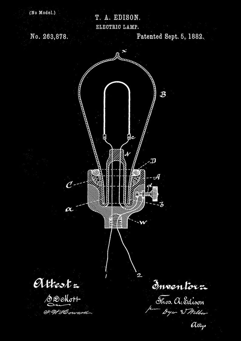 Lightbulb Patent Print: Edison Electric Lamp Blueprint Art - Etsy