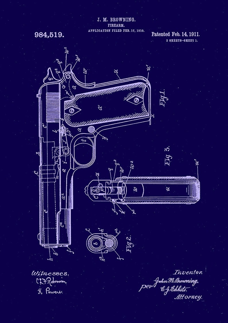 Gun Patent Print: Browning Pistol Weapon Blueprint Art - Etsy