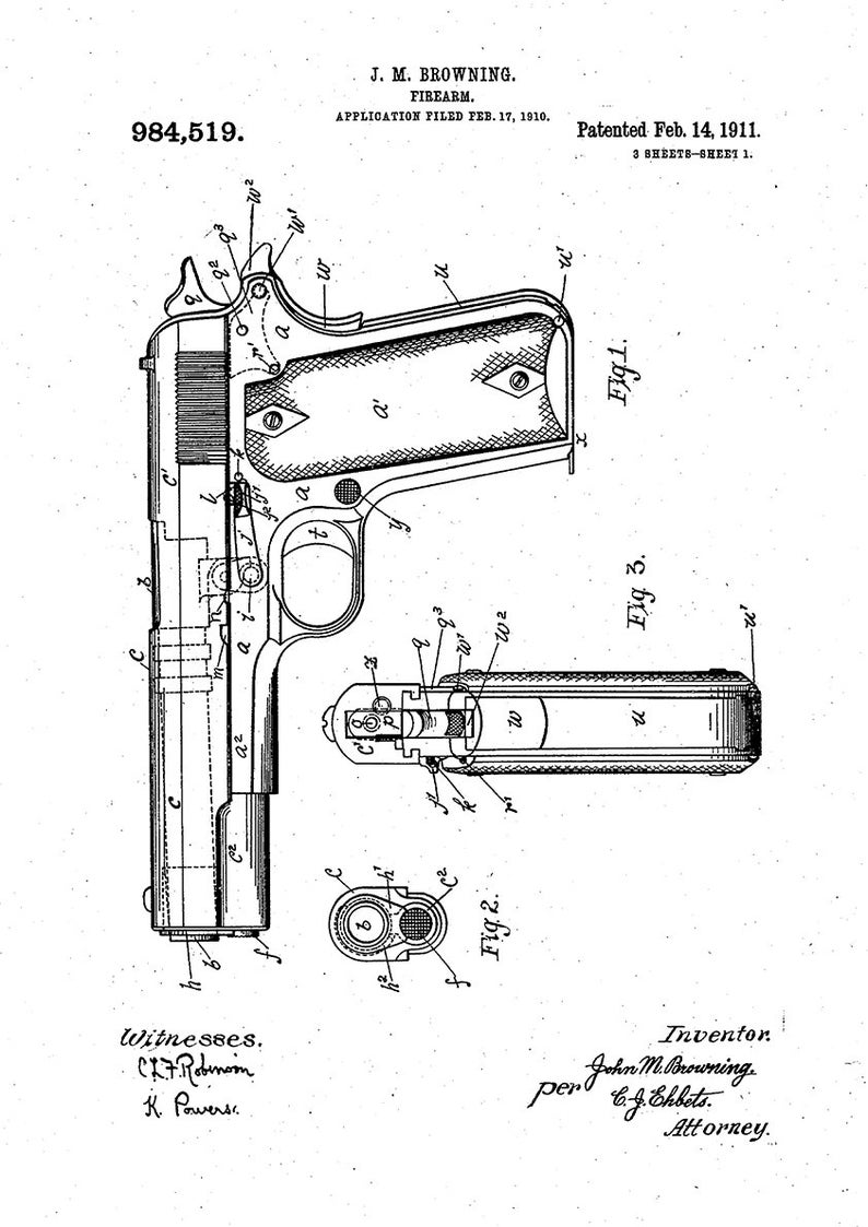Gun Patent Print: Browning Pistol Weapon Blueprint Art - Etsy