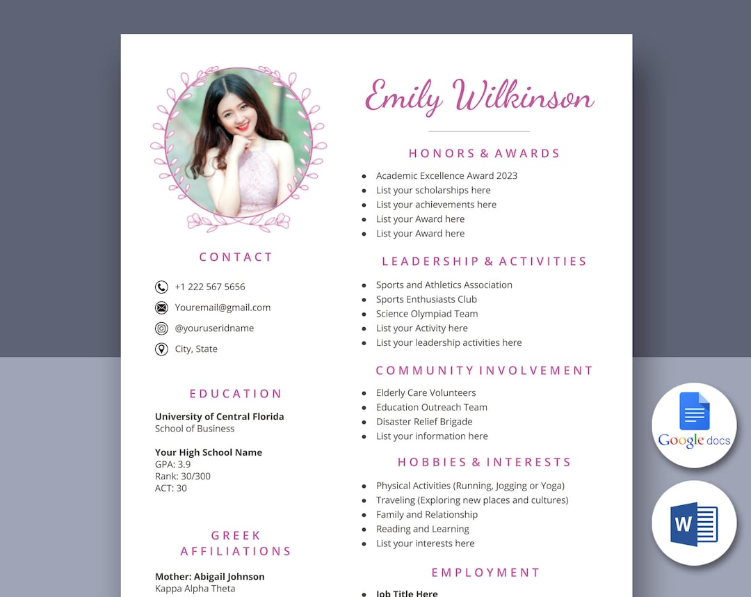 Pink Sorority Resume Template With Photo Editable Rush Resume - Etsy