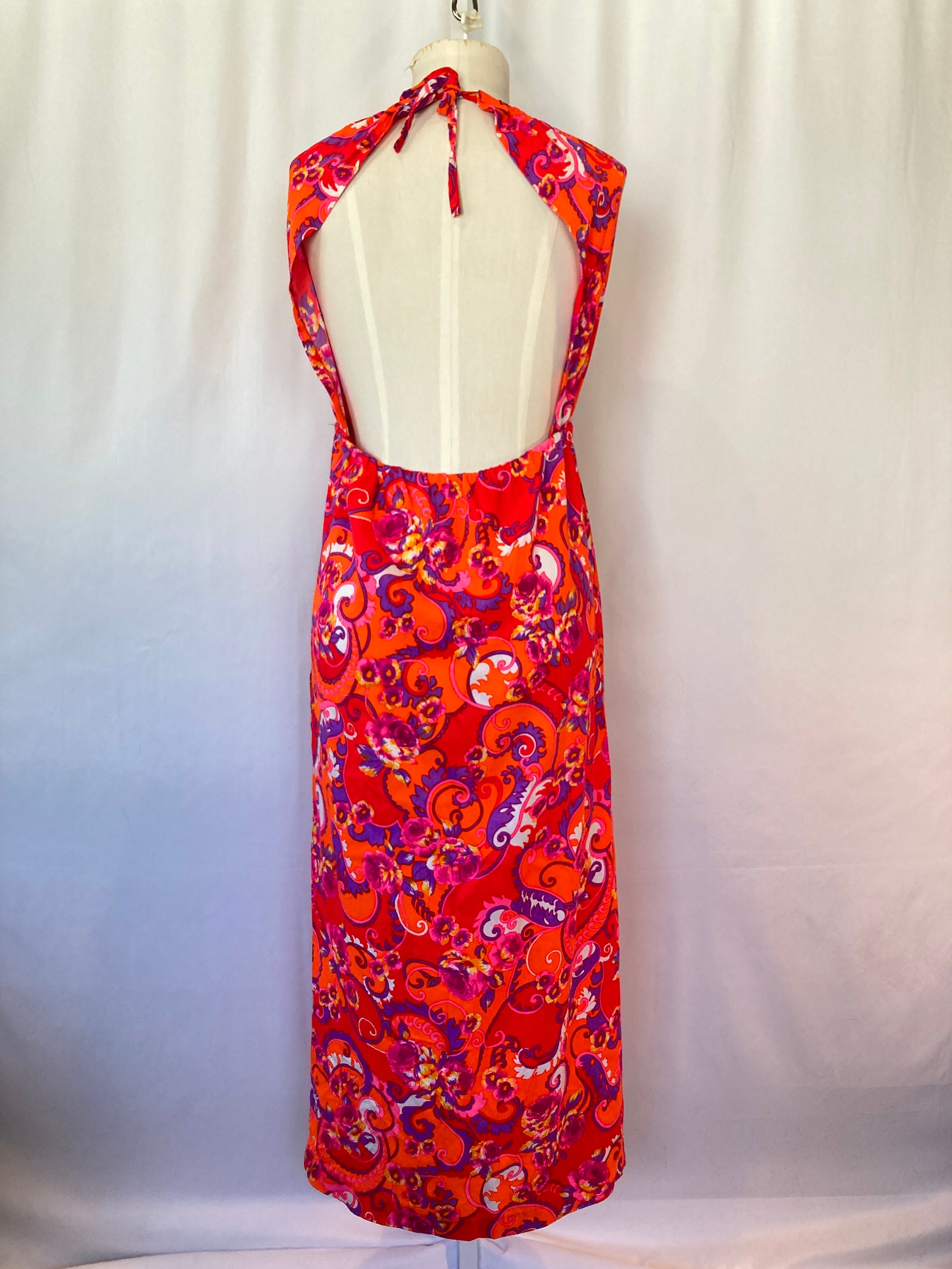 Vintage 60s 70s Sleeveless Backless Maxi Halter Dress Neon Orange ...
