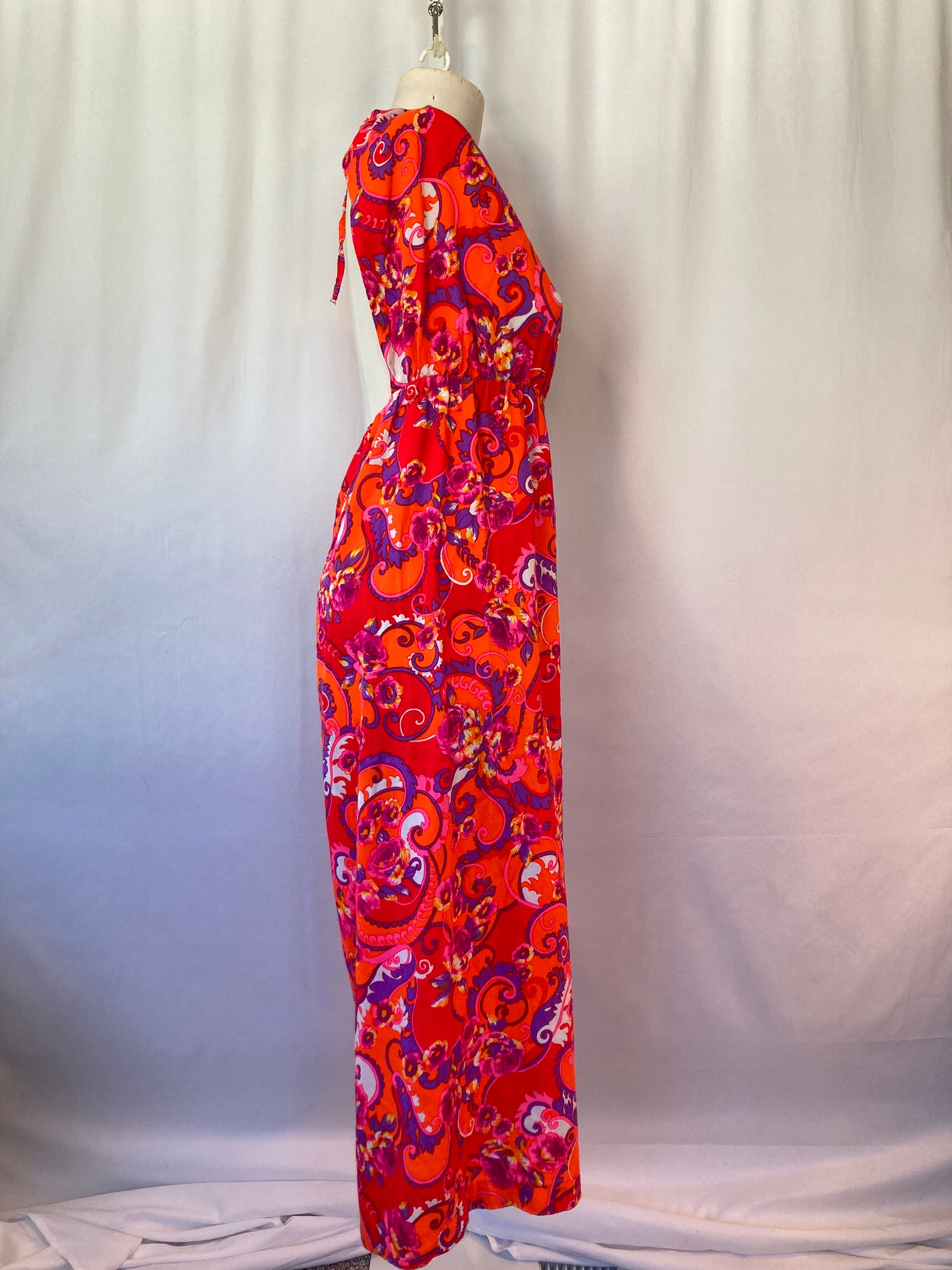 Vintage 60s 70s Sleeveless Backless Maxi Halter Dress Neon Orange ...