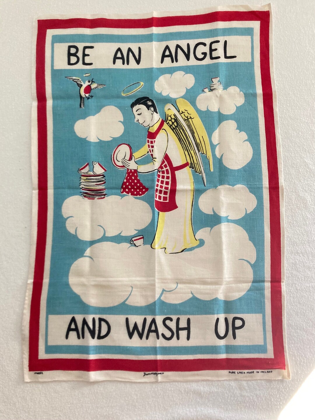 Vintage Irish Linen Kitchen Souvenir Towel W/ Angel Man Washing Dishes ...