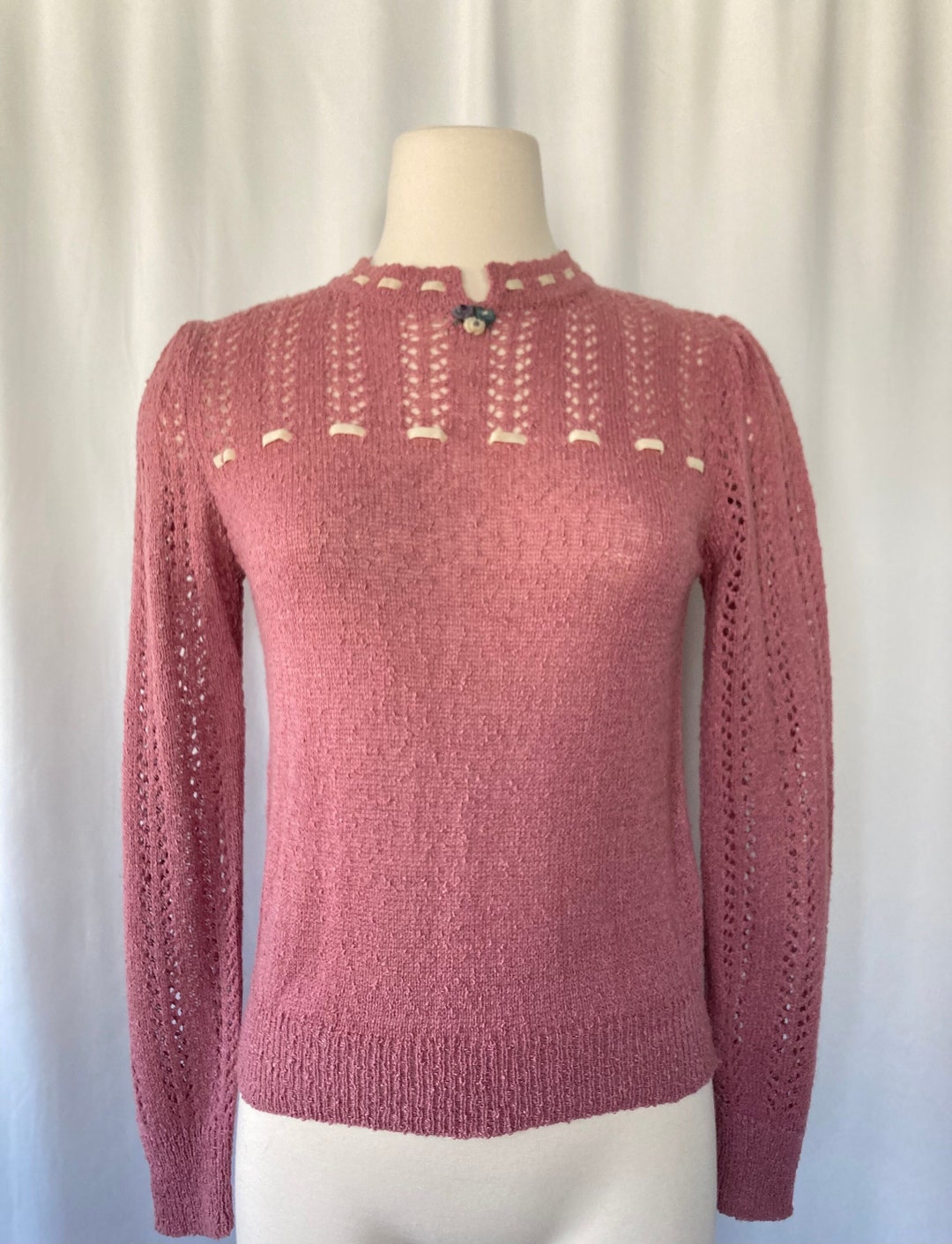 Vintage 70's 80s Women's Pink Knit Lace Sweater by Alberoy - Small - Etsy