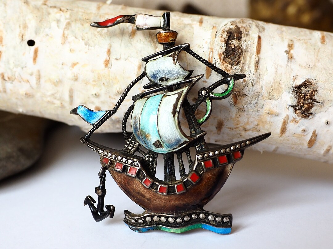Antique Original Brooch Ship Enamel Silver/800 Sterling Silver Author ...