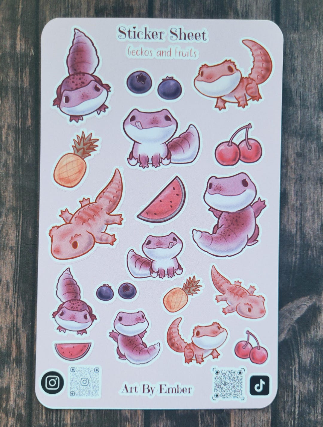 Cute Gecko Sticker Sheet, Geckos and Fruits Stickers, Hand-drawn Animal ...