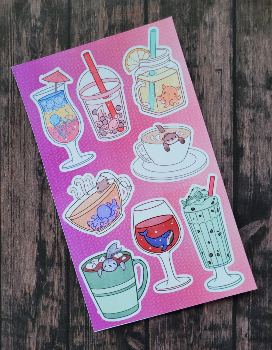 Cute Animal Sticker Sheet, Animals in Drinks Stickers, Hand-drawn ...