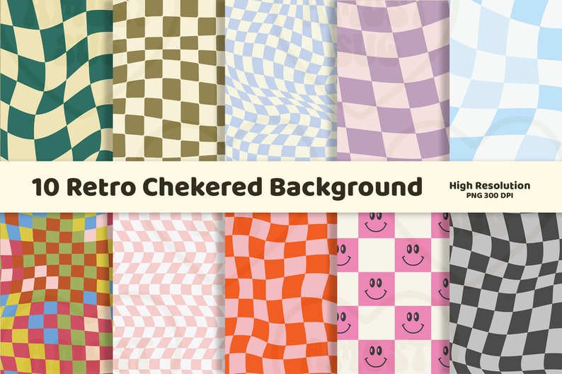 10 Retro Wavy Checker Background, Checkered Pattern, Instant Download ...