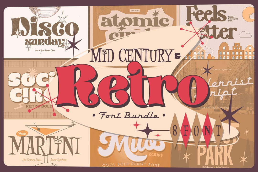 Mid Century Font Bundle, Atomic Art, Retro, Vintage, Classic, Art Deco ...