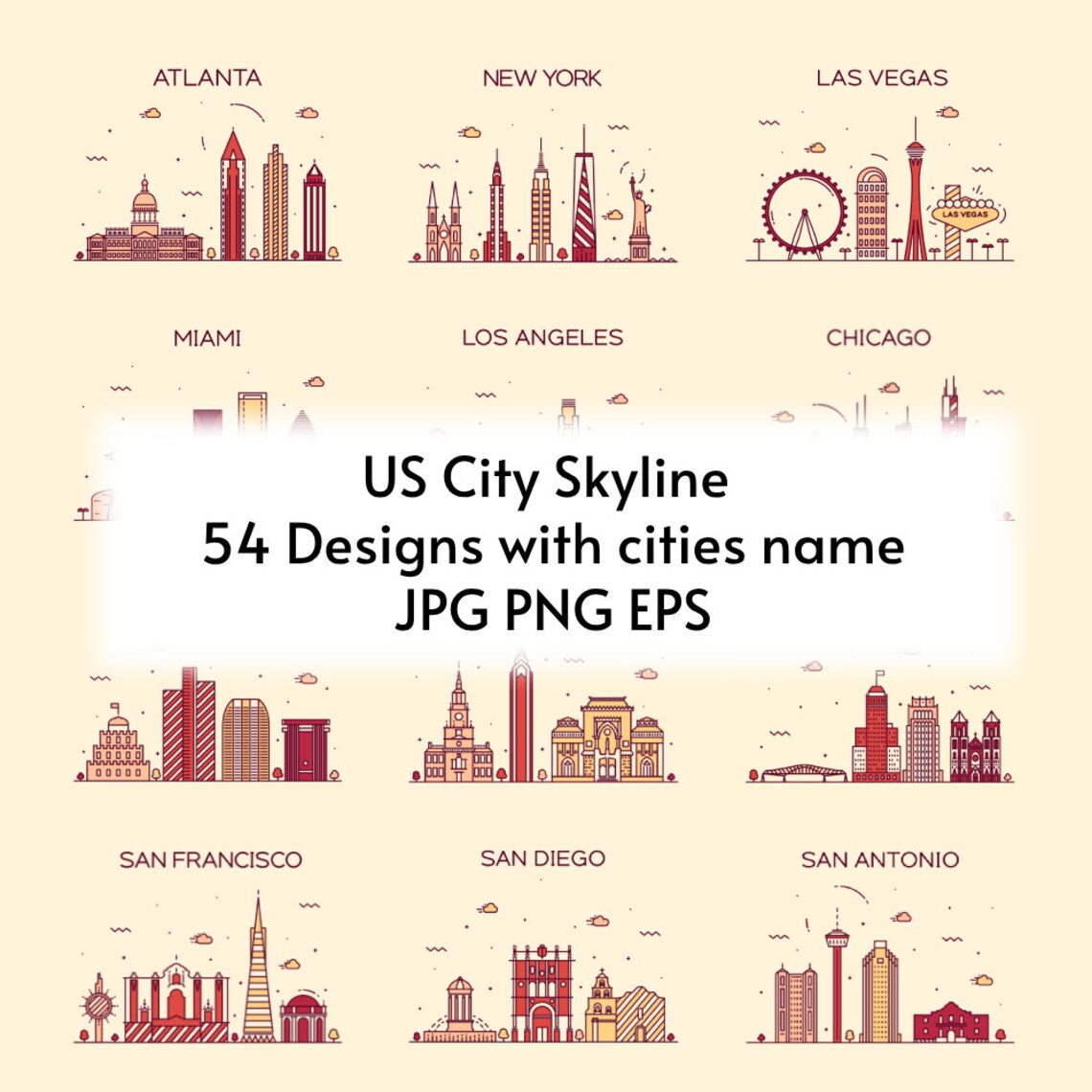 US City Skyline Svg Eps Bundle/ Skyline Svg Eps File/ US Cities Svg ...