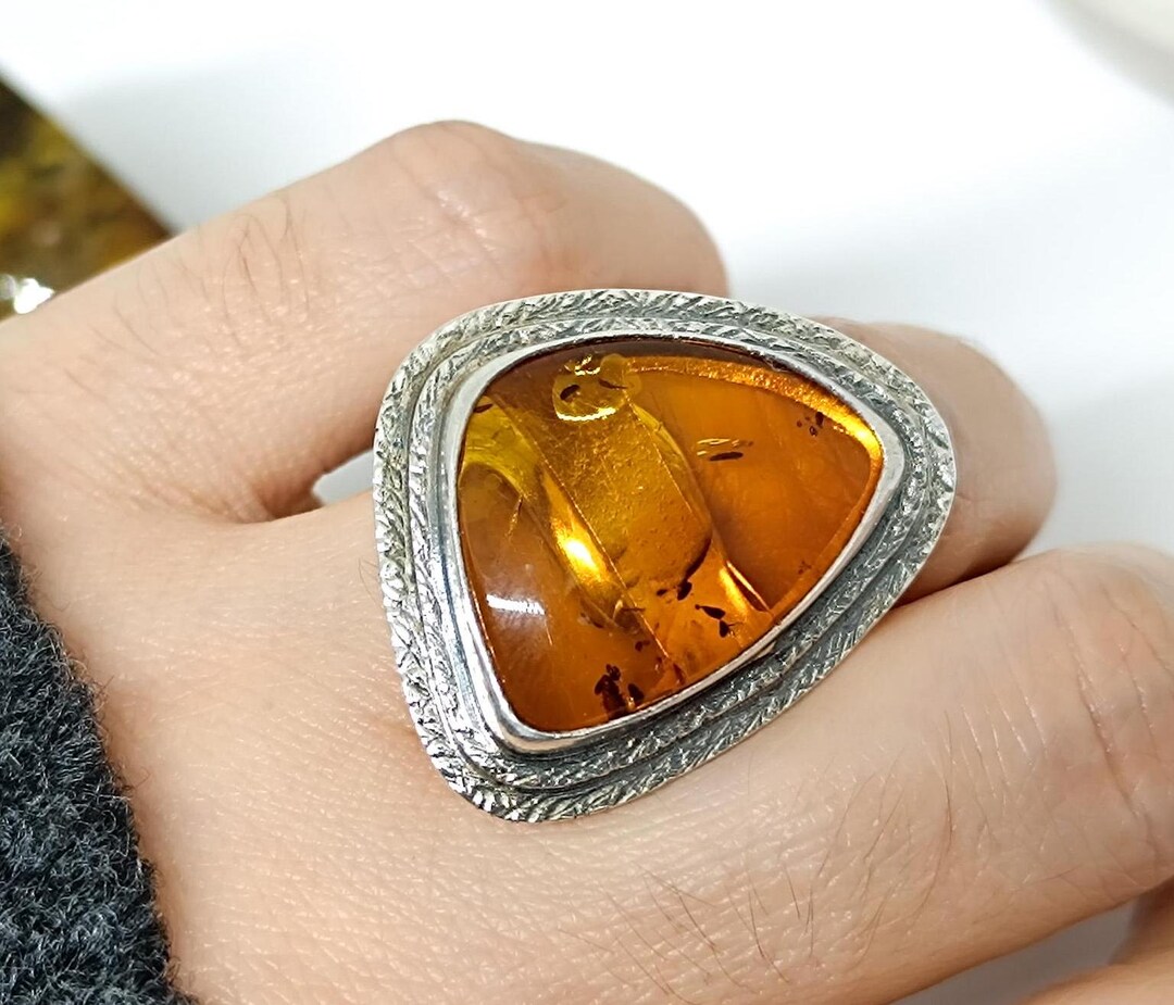 925 Sterling Silver Adjustable Amber Ring, Natural Amber Ring, Artistic ...