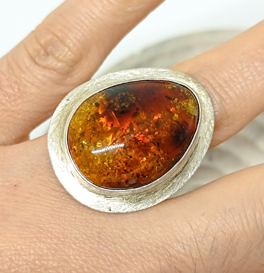 Real Amber Silver Ring, Natural Amber Sterling Amber Ring, Adjustable ...