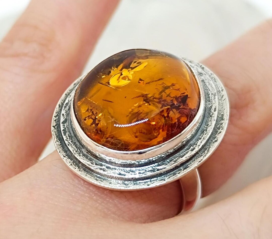 Large Real Amber Adjustable Ring,925 Sterling Silver Ring , Natural ...
