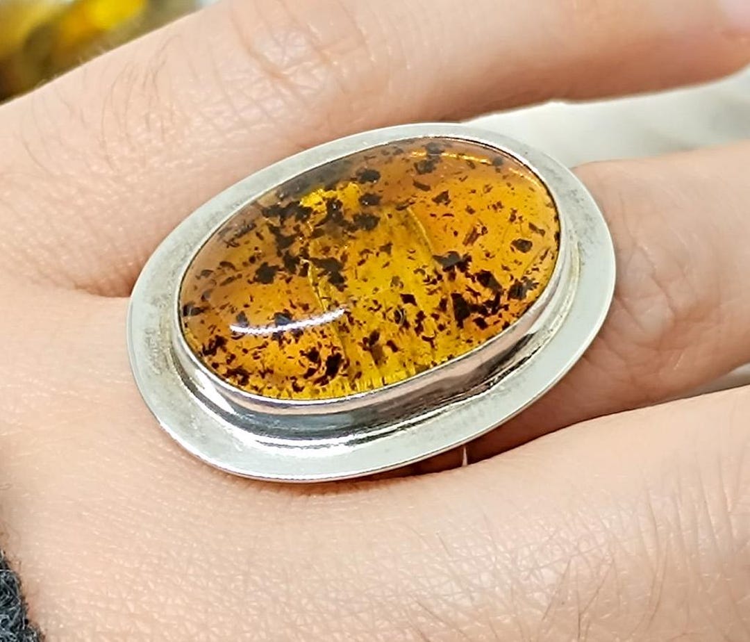 Elegant Genuine Silver Amber Ring ,natural Amber Sterling Silver Ring ...