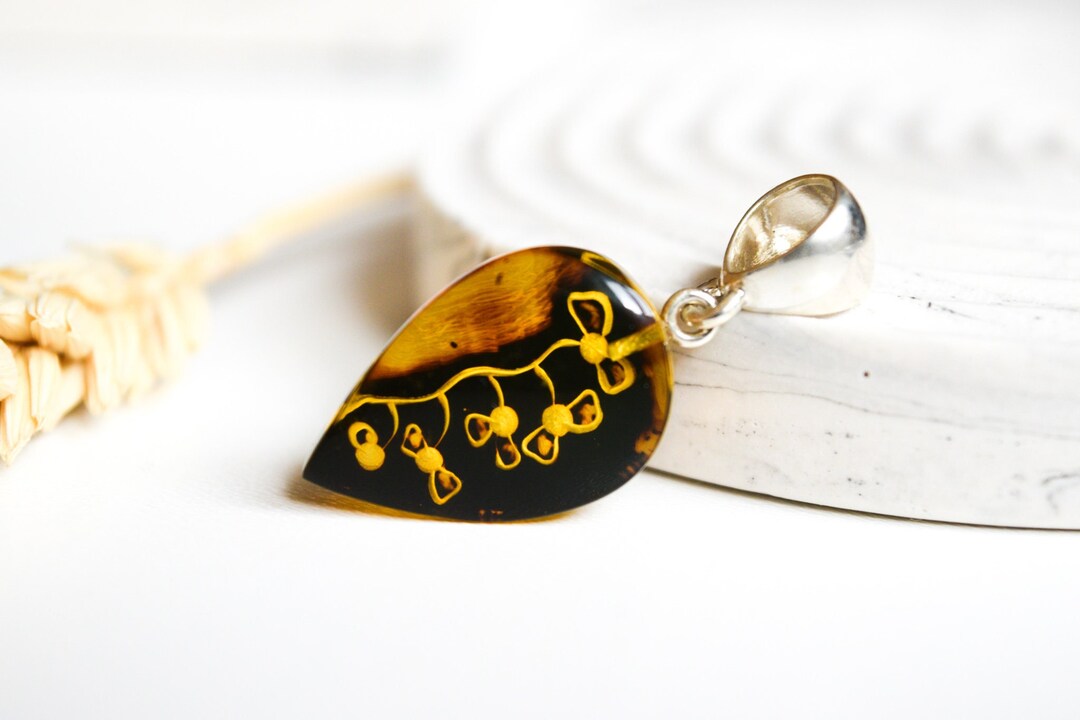Engraved Natural Baltic Amber Pendant With 925 Sterling Silver ...