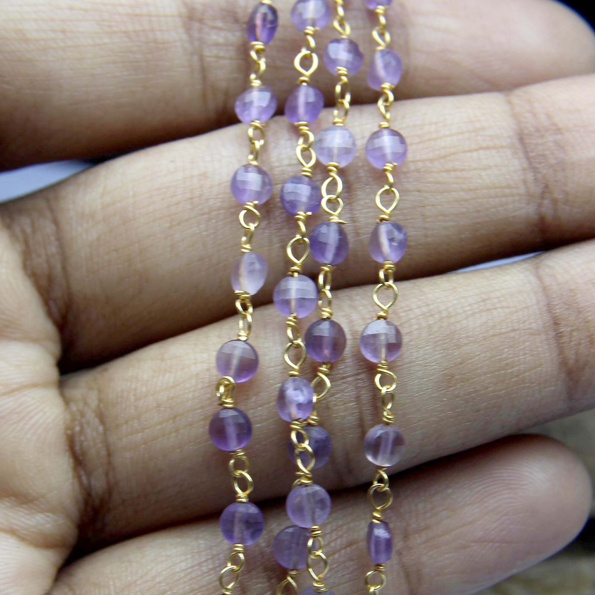 Natural Amethyst Faceted Coin Shape Beaded Rosary Chain-Gold | Etsy