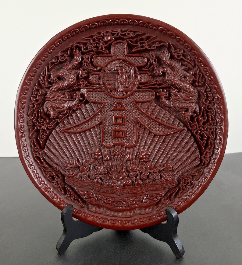 Chinese Cinnabar Shou Plate - Etsy