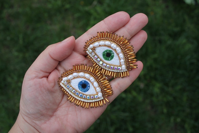 Hand Embroidered Eye Colorful Brooch With Pearls - Etsy