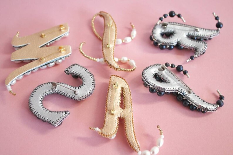 Embroidered Brooch Letter With Round Beads, Custom Monogram Brooch - Etsy
