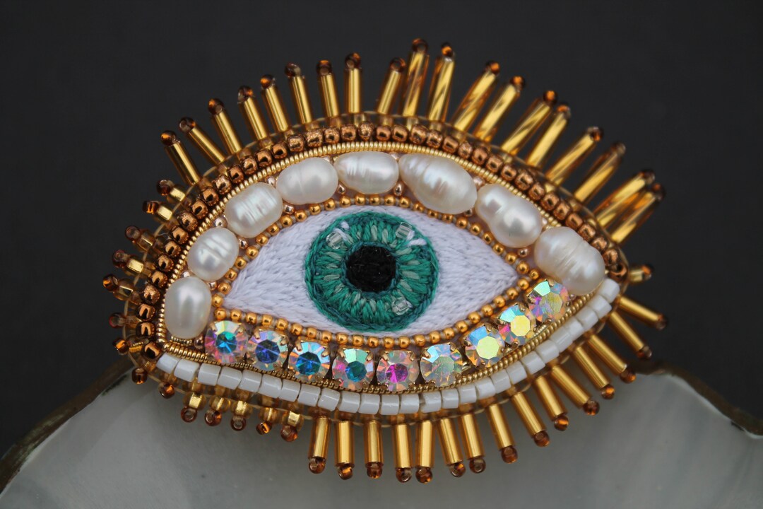 Hand Embroidered Eye Brooch With Freshwater Pearls, Brown Blue Green ...