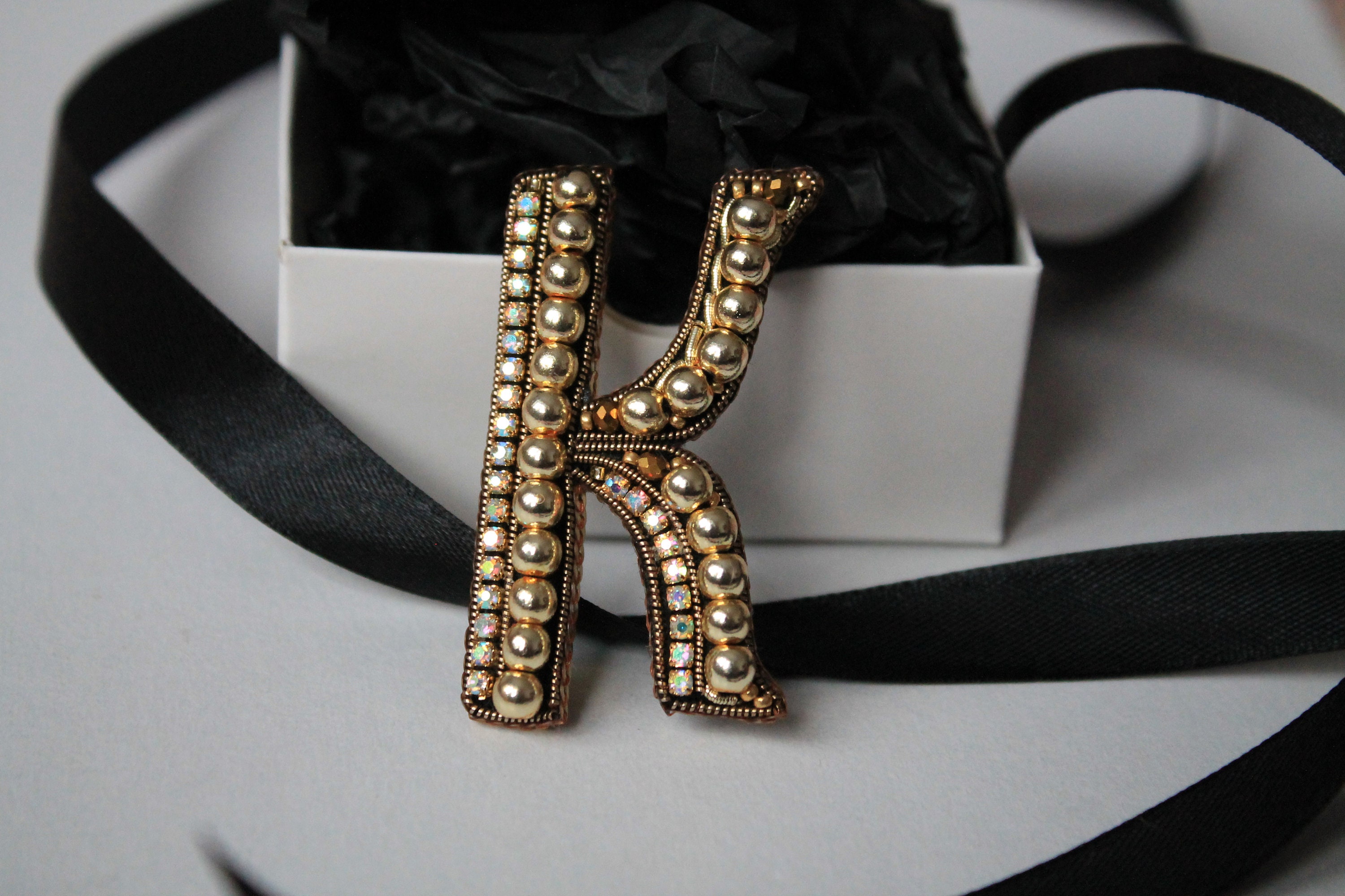 Embroidered Brooch Letter With Round Beads, Custom Monogram Brooch - Etsy