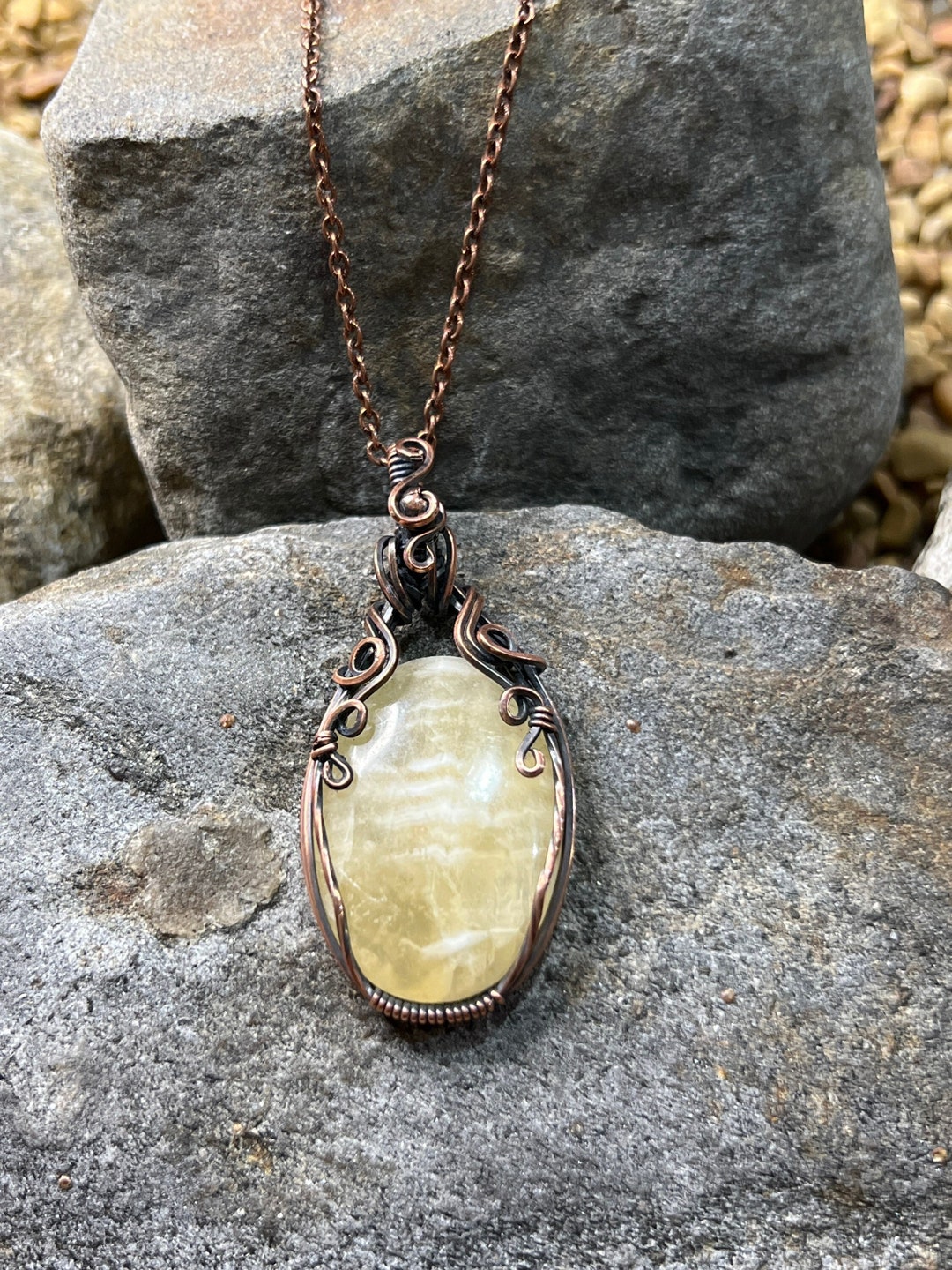 Honey Calcite Pendant Necklace for Women. Handmade Copper Wire Wrapped ...