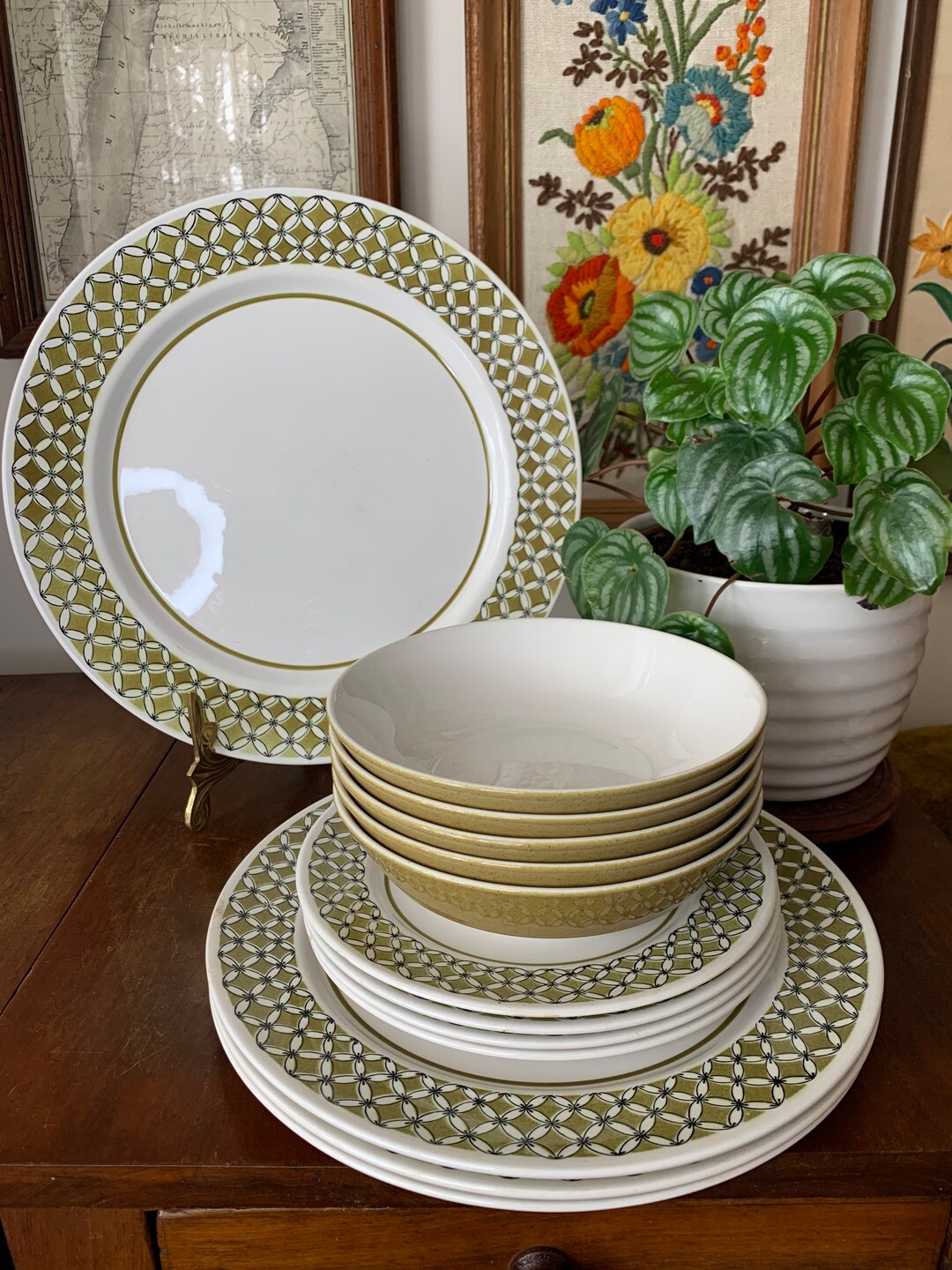 Vintage Mikasa Mediterrania Gibraltar Olive Green Yellow Geometric Chop ...