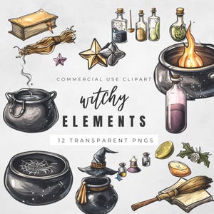 Witchy Elements Clipart - Pumpkin, Cat, Cauldron, Broom - Halloween PNG ...