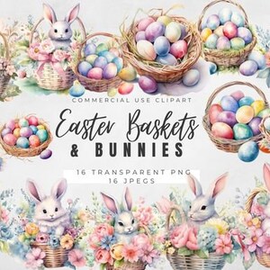 Easter Bunnies and Colourful Easter Eggs in Baskets 16 Png Clipart ...