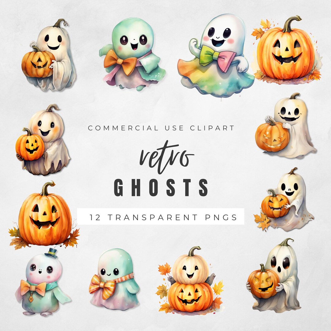 Retro Ghost Clipart - Vintage Halloween PNG, Instant Digital Download ...