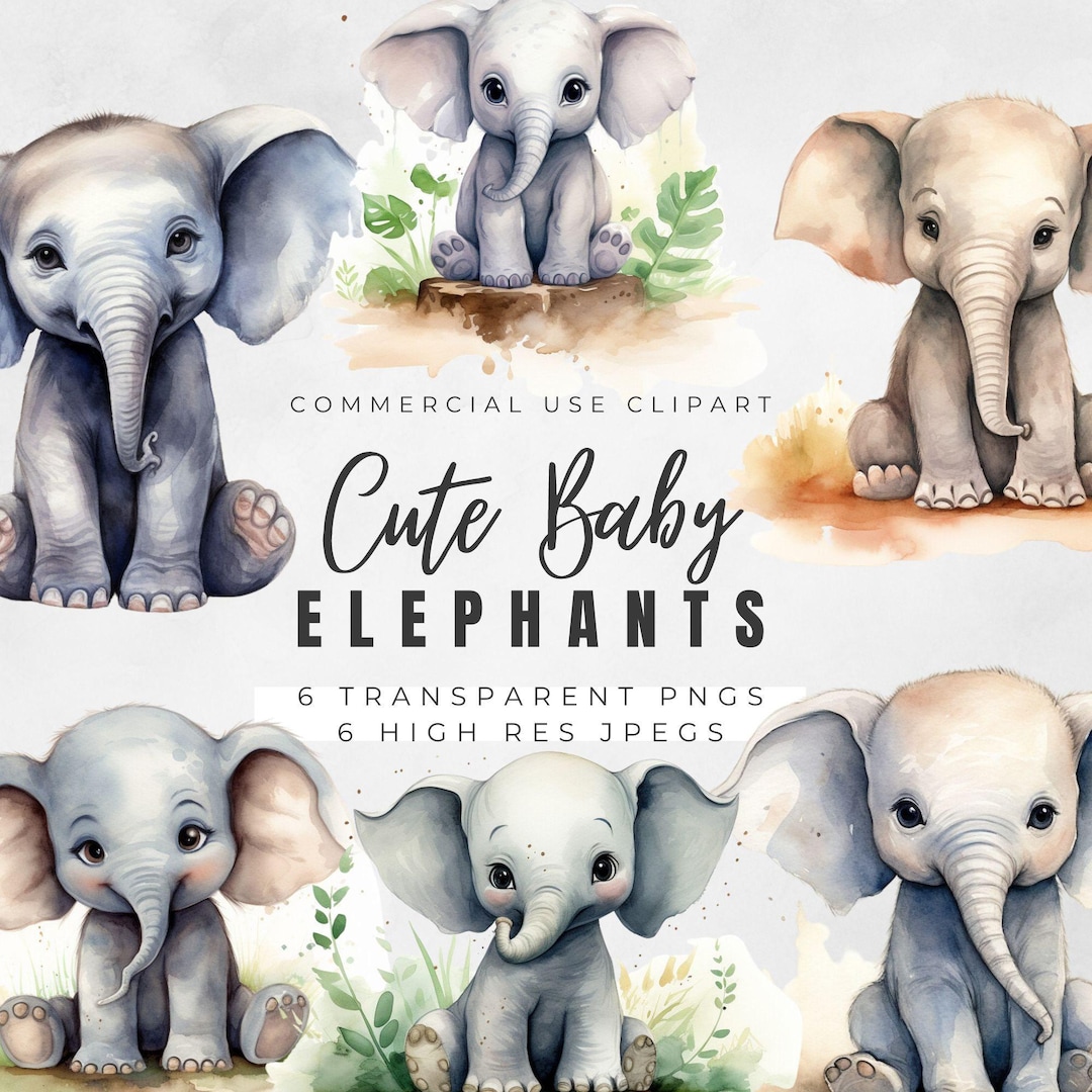 Cute Baby Elephants Clipart PNG JPEG Nursery Watercolour Kawaii ...