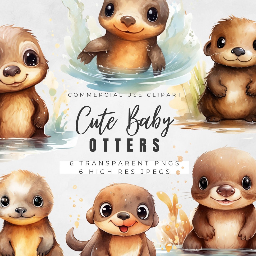 Cute Baby Otters Clipart PNG JPEG Nursery Watercolour Kawaii Scrapbook ...