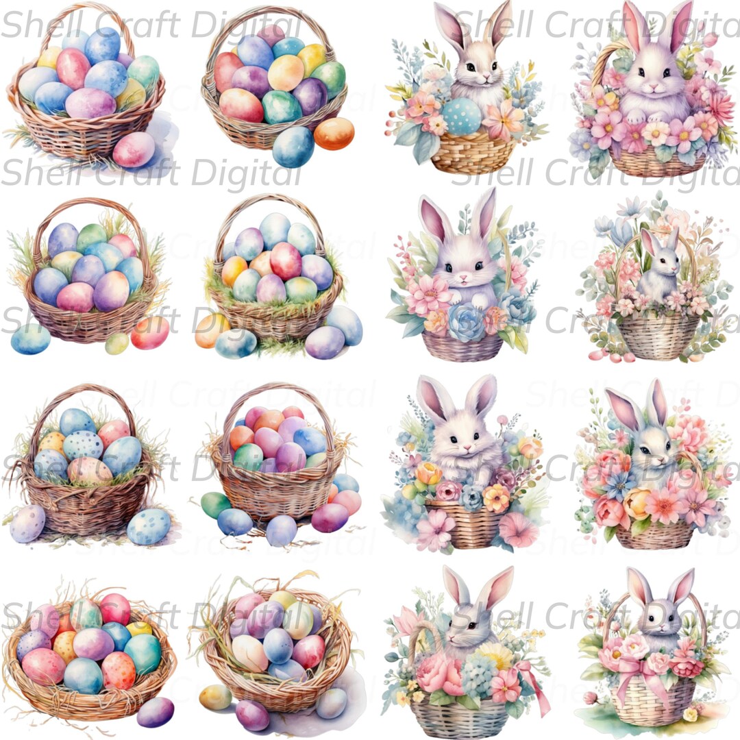 Easter Bunnies and Colourful Easter Eggs in Baskets 16 Png Clipart ...