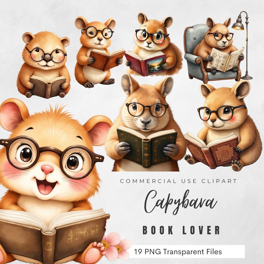 Capybara Book Lover Clipart – Cute Capybara Reading PNG Bundle, Glasses ...