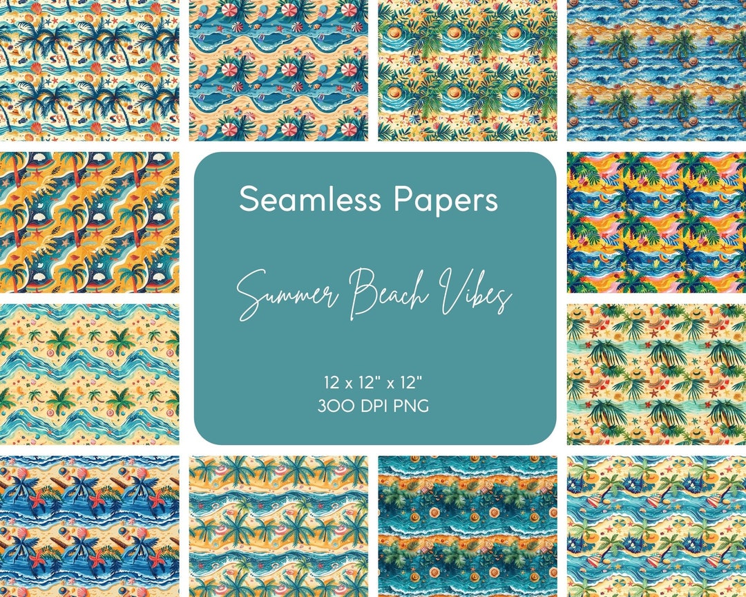 Beach and Sand Summer Seamless Pattern Set - 12 Designs, 12x12 Inches ...