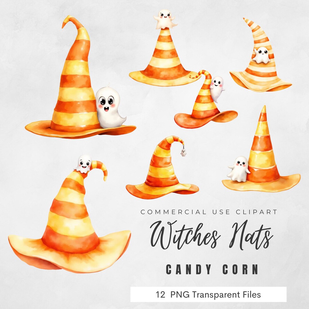 Candy Corn Witches Hats Clipart – 12 PNG Halloween Graphics, Cute ...