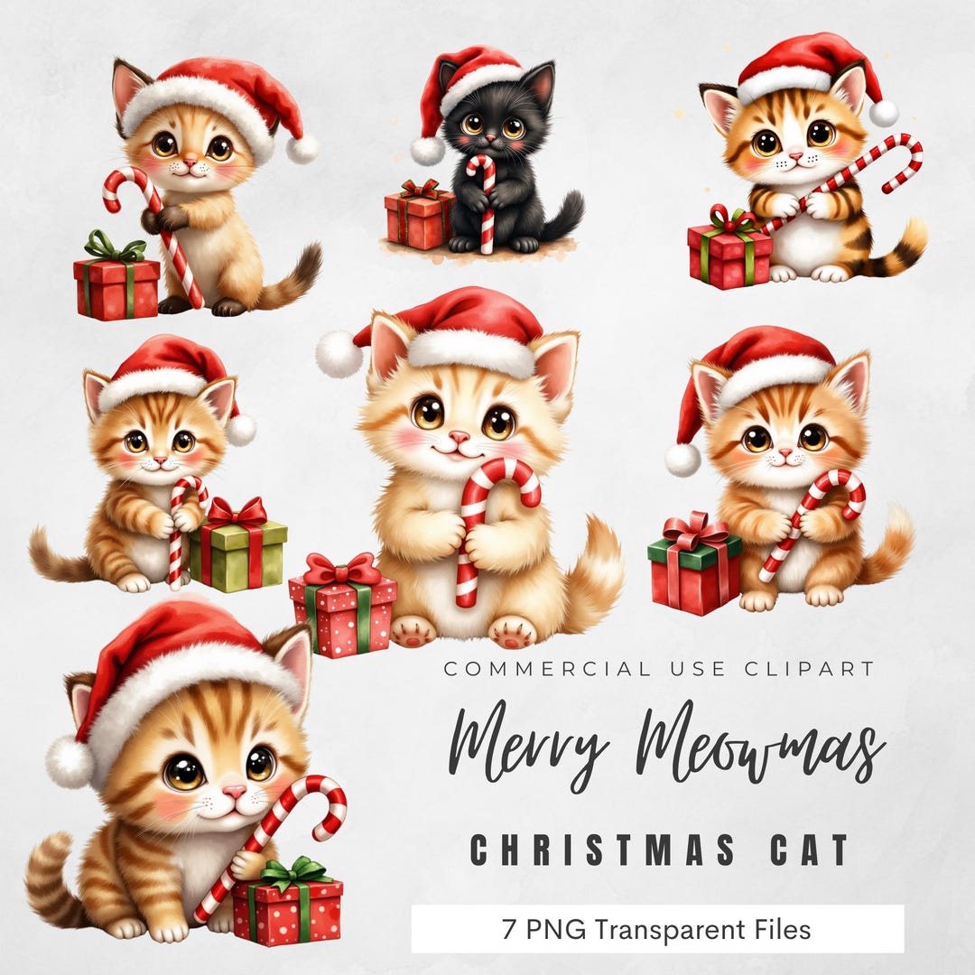Christmas Cat Clipart – Cute Kitten With Candy Cane Pngs – Merry ...
