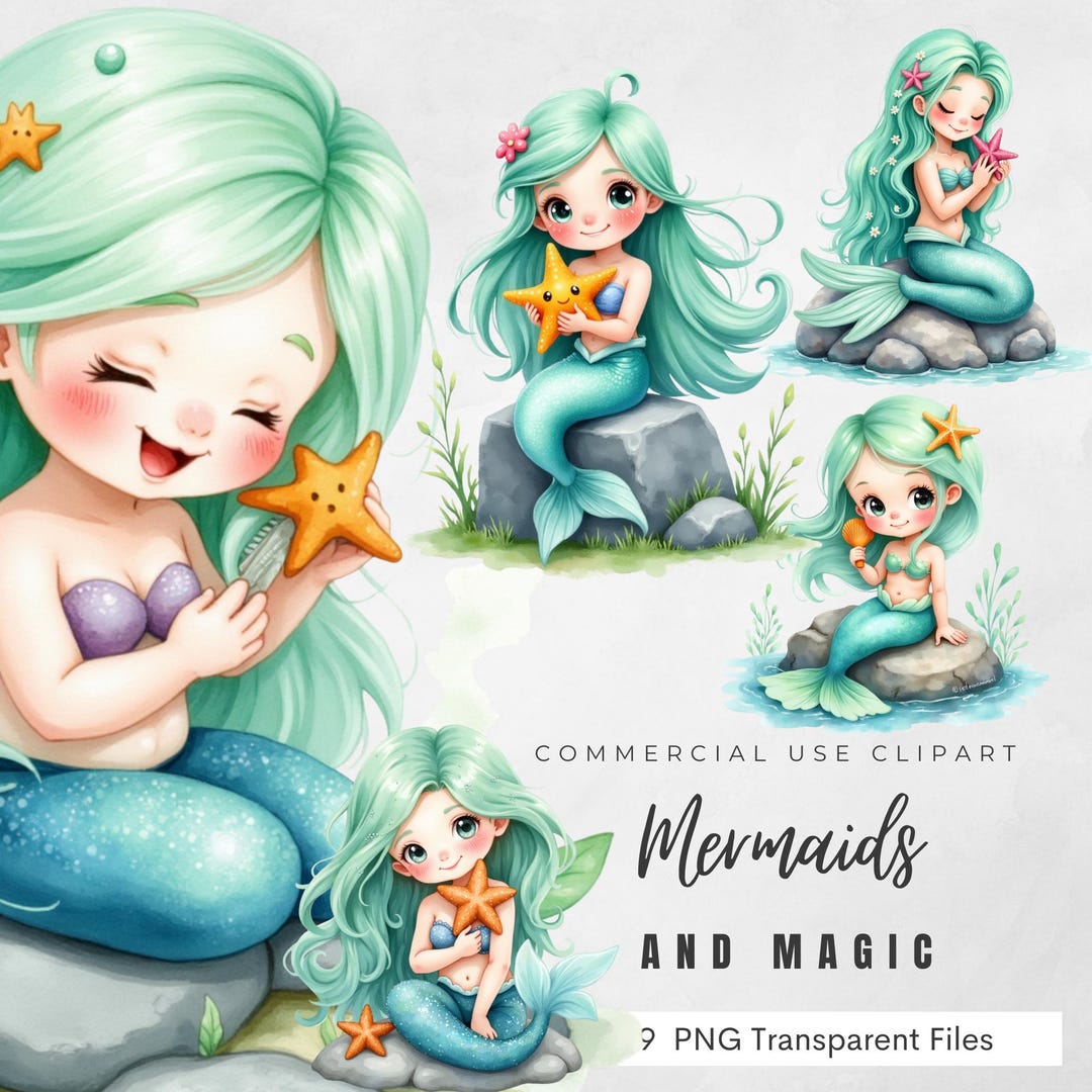 Mermaids and Magic Clipart Set – Cute Kawaii Mermaid Pngs for Crafts ...