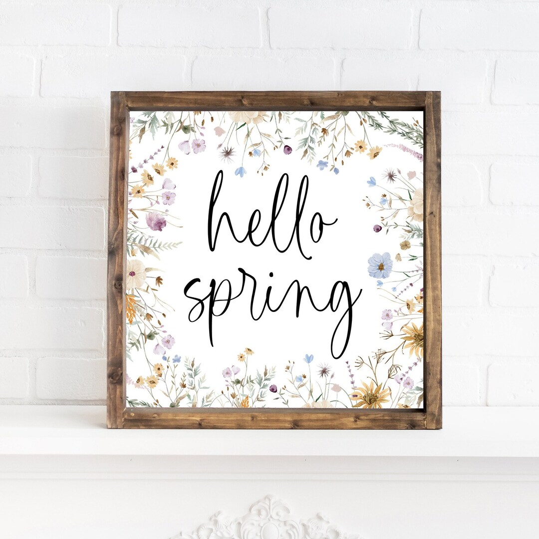Hello Spring Sign With Flowers, Floral Framed Wall Art, Spring Decor ...