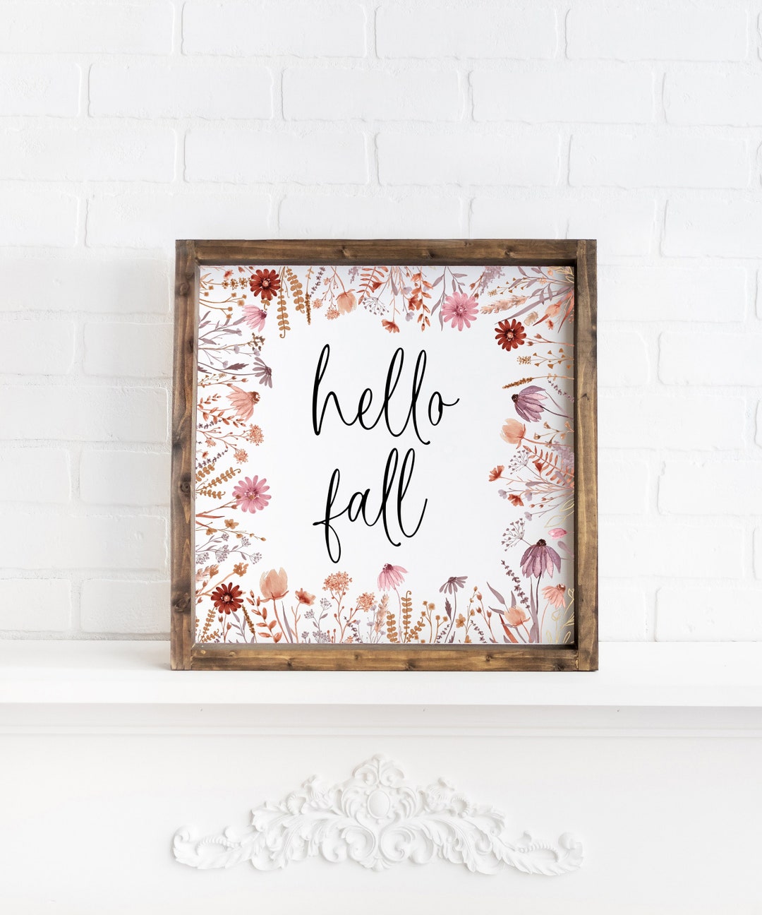 Hello Fall Sign With Flowers, Floral Framed Wall Art, Fall Decor, Home ...