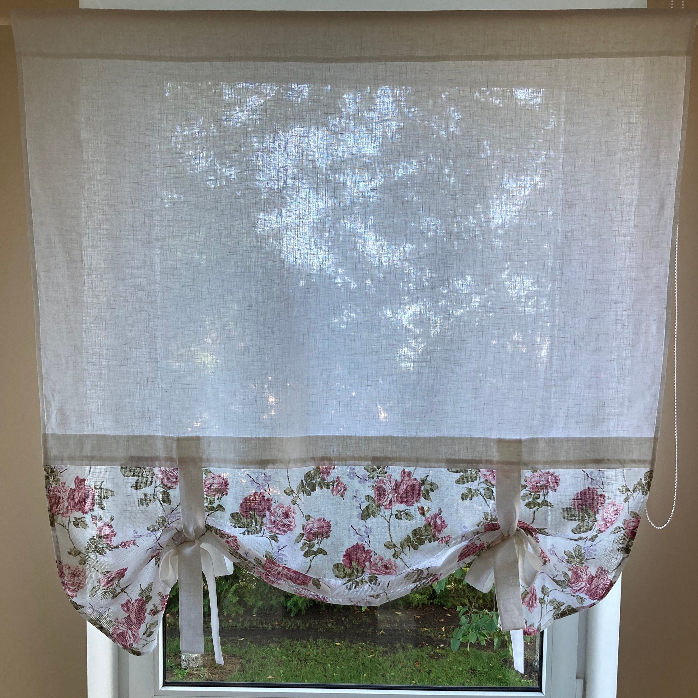 Roman Curtain Panel With Ties. Linen Floral Curtains Roll up Shade ...