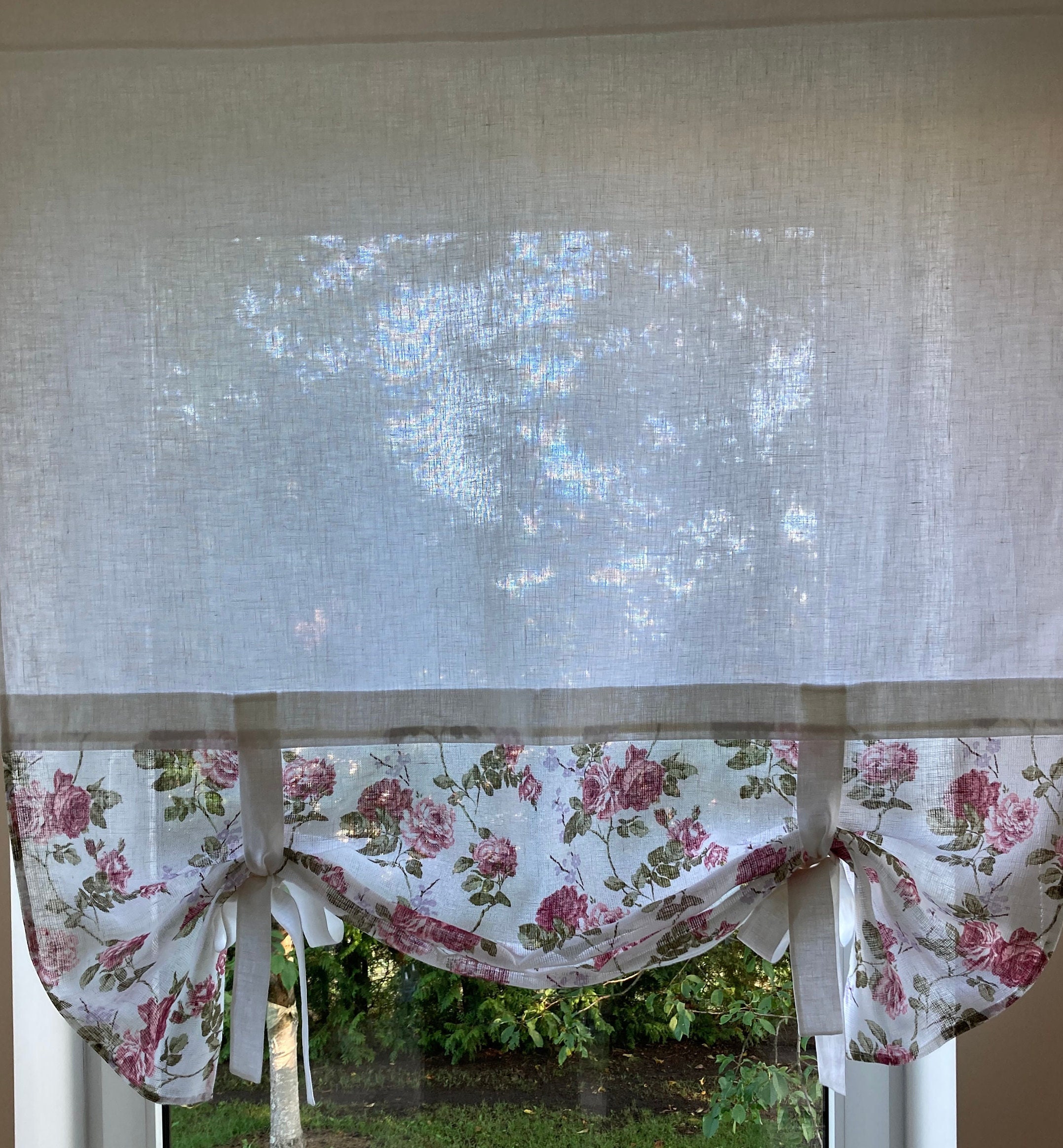 Roman Curtain Panel With Ties. Linen Floral Curtains Roll up Shade ...