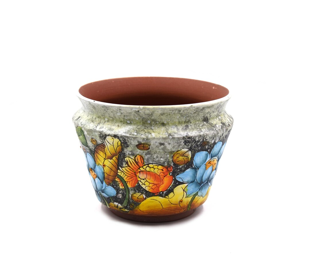 6 1/4"inches Hand Painted Lotus and Goldfish Clay Planter Pot ...