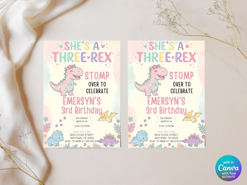 She's A Three Rex Dinosaur Birthday Invitation | Pastel Pink Dino Girl ...