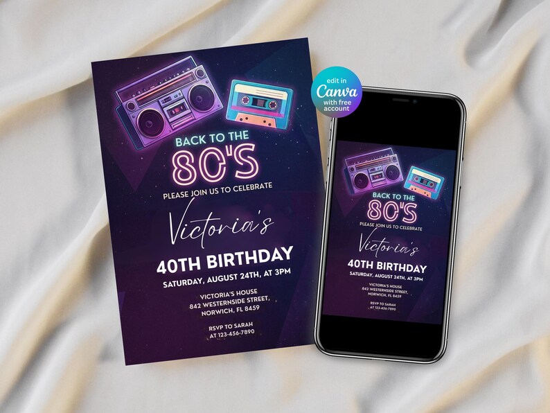 Retro 80s Neon Birthday Invitation | Editable Canva Party Invite ...