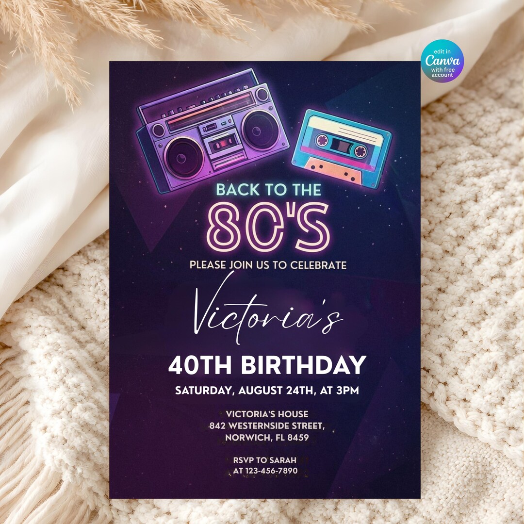 Retro 80s Neon Birthday Invitation | Editable Canva Party Invite ...
