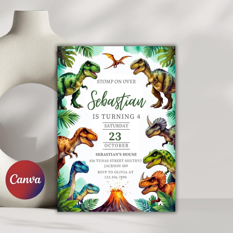 Watercolor Dinosaur Birthday Invitation, Jungle Theme, Editable Canva ...