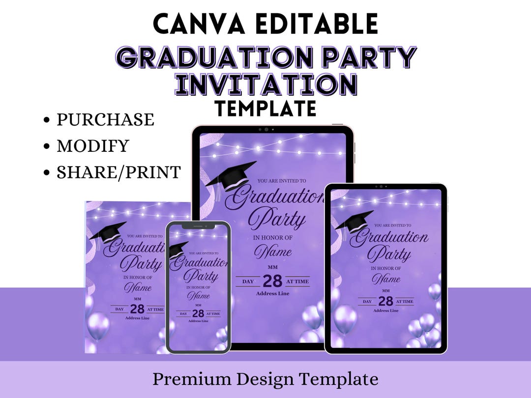 Editable Purple Graduation Party Invite Template | Canva PDF, Custom ...