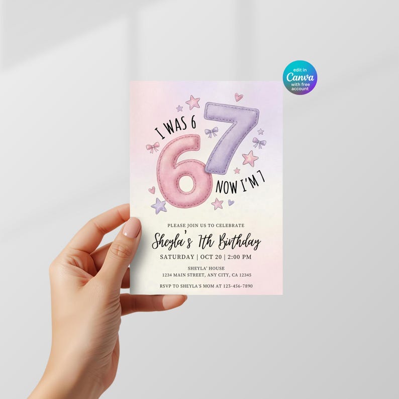 7th Birthday Invitation Girl | Pastel "i Was 6 Now I'm 7" Canva ...