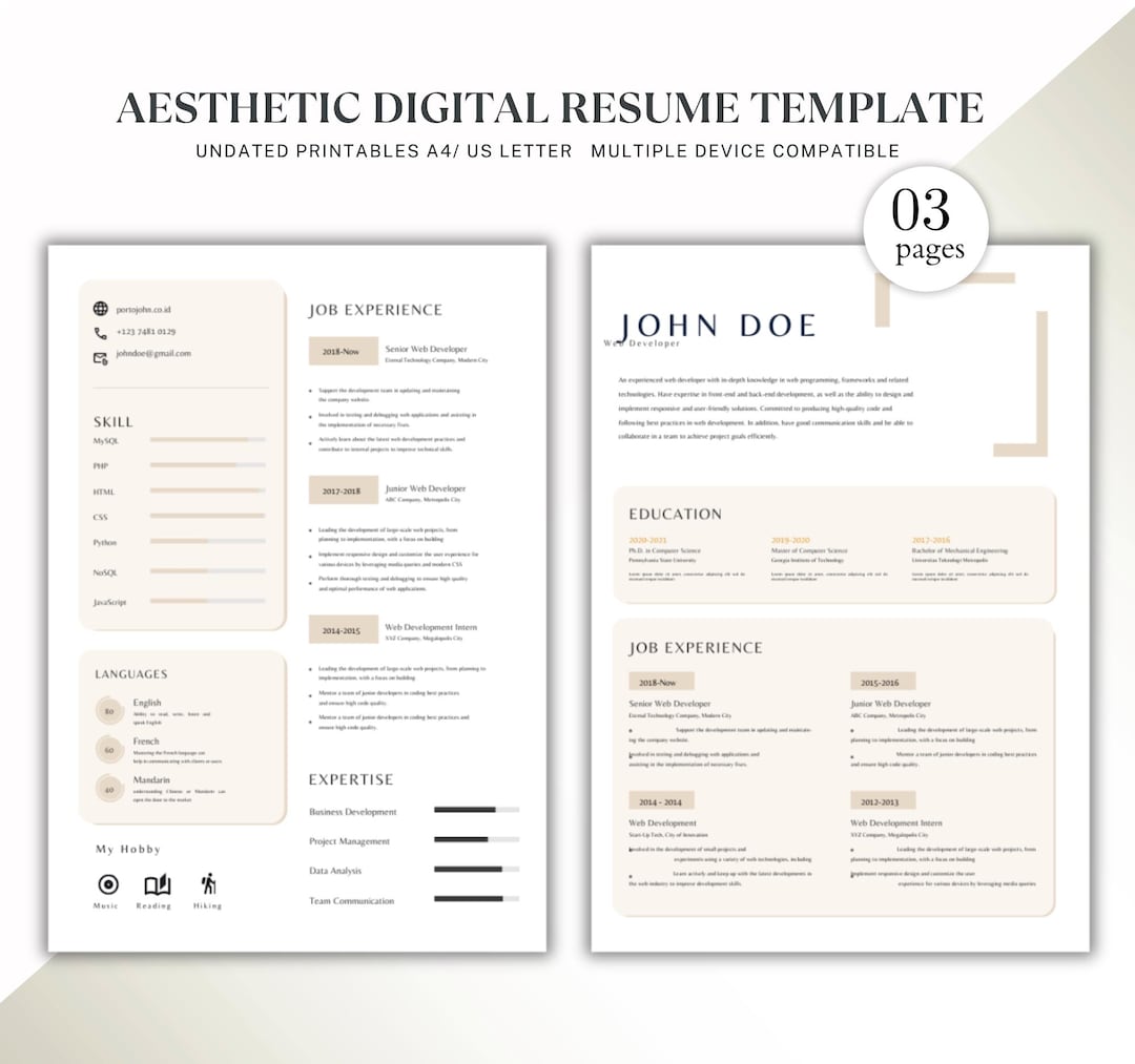 Aesthetic Digital Resume Canva Template | Editable Professional Resume ...
